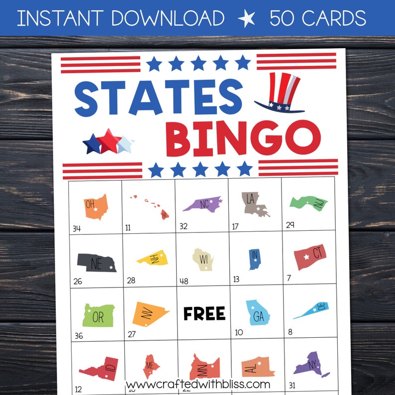 50 States Bingo Cards Classroom Game, Bingo Game, Party Game, Work ...