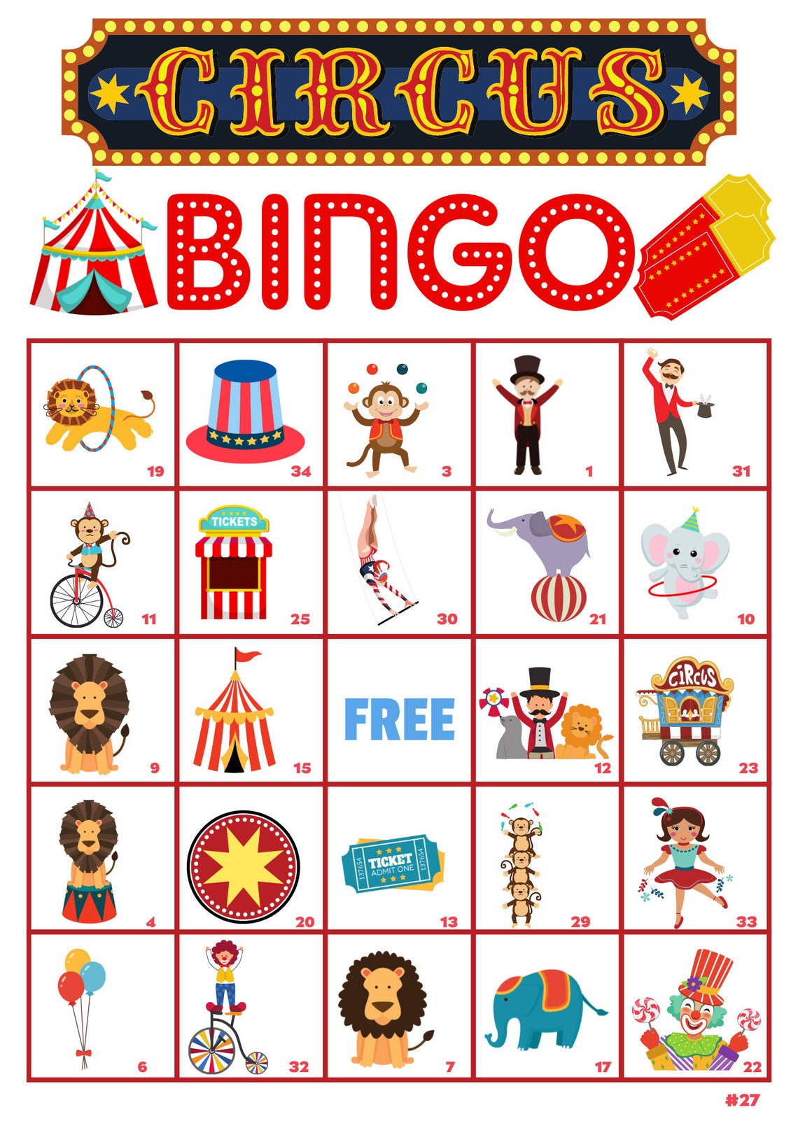 Circus Bingo Cards for Kids, Circus Bingo Birthday Party, Circus ...