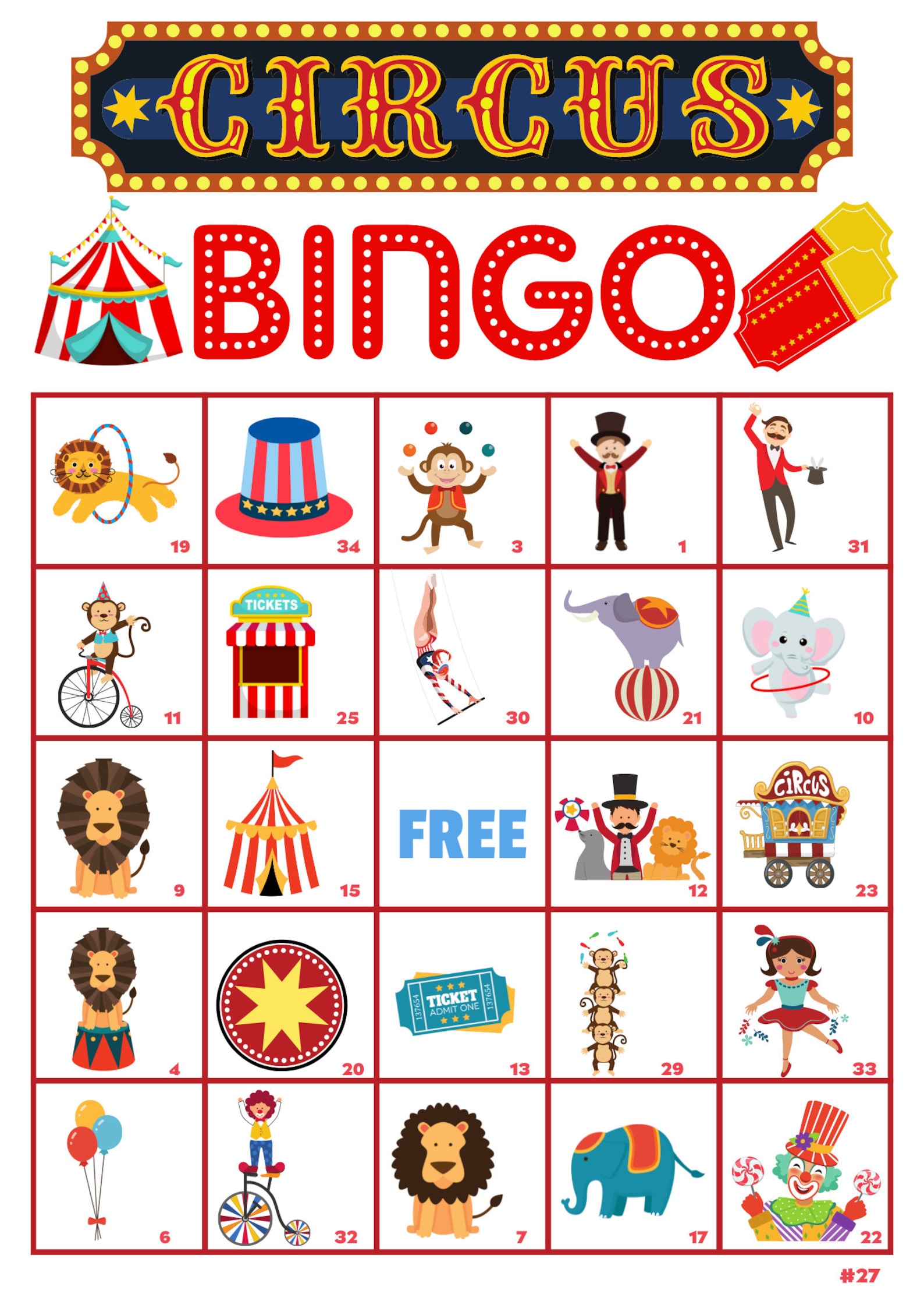 Circus Bingo Cards for Kids, Circus Bingo Birthday Party, Circus ...
