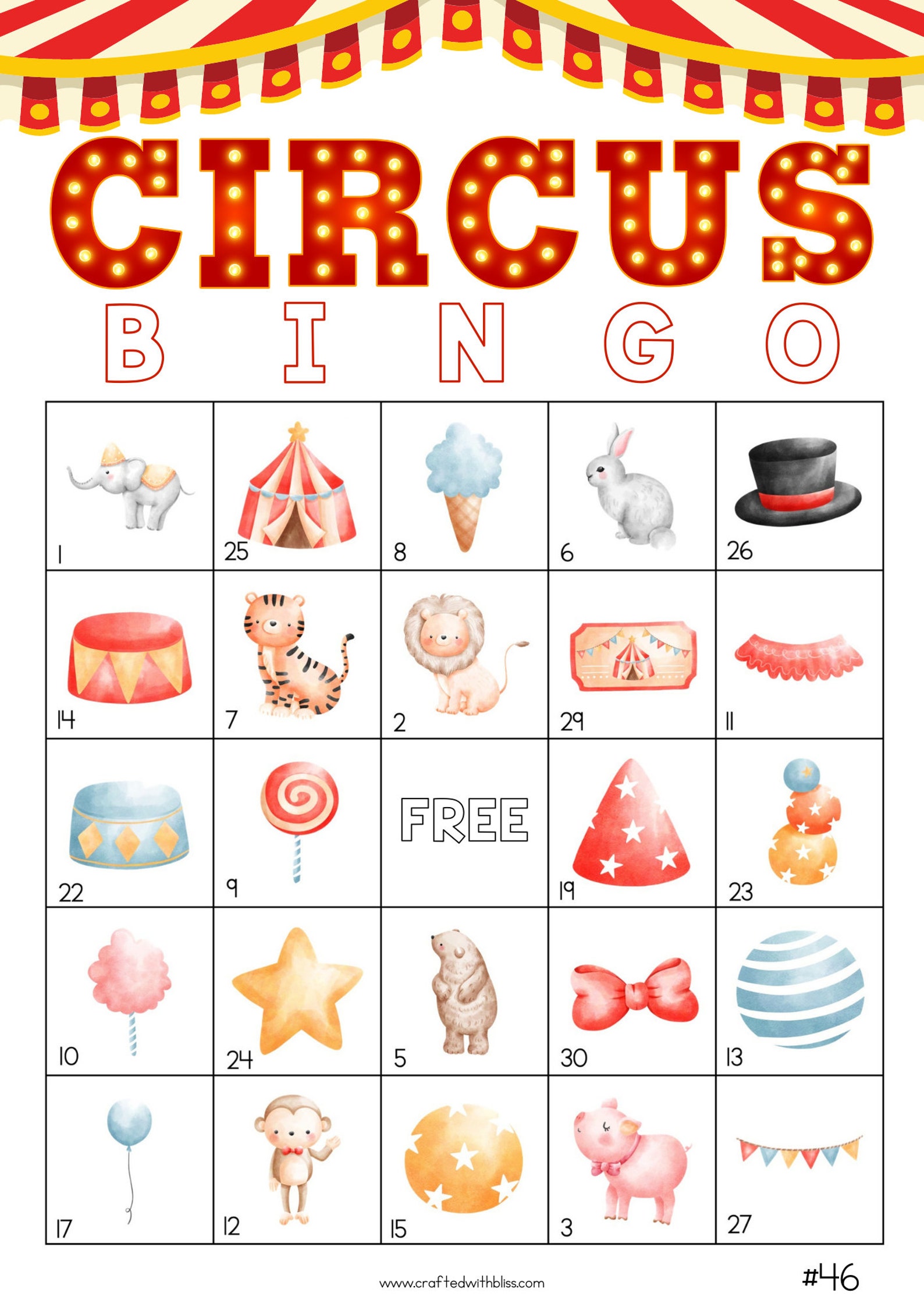 50 Circus Bingo Cards Classroom Game, Bingo Game, Circus Party Game ...