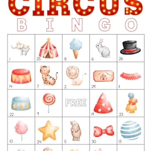 50 Circus Bingo Cards Classroom Game, Bingo Game, Circus Party Game ...