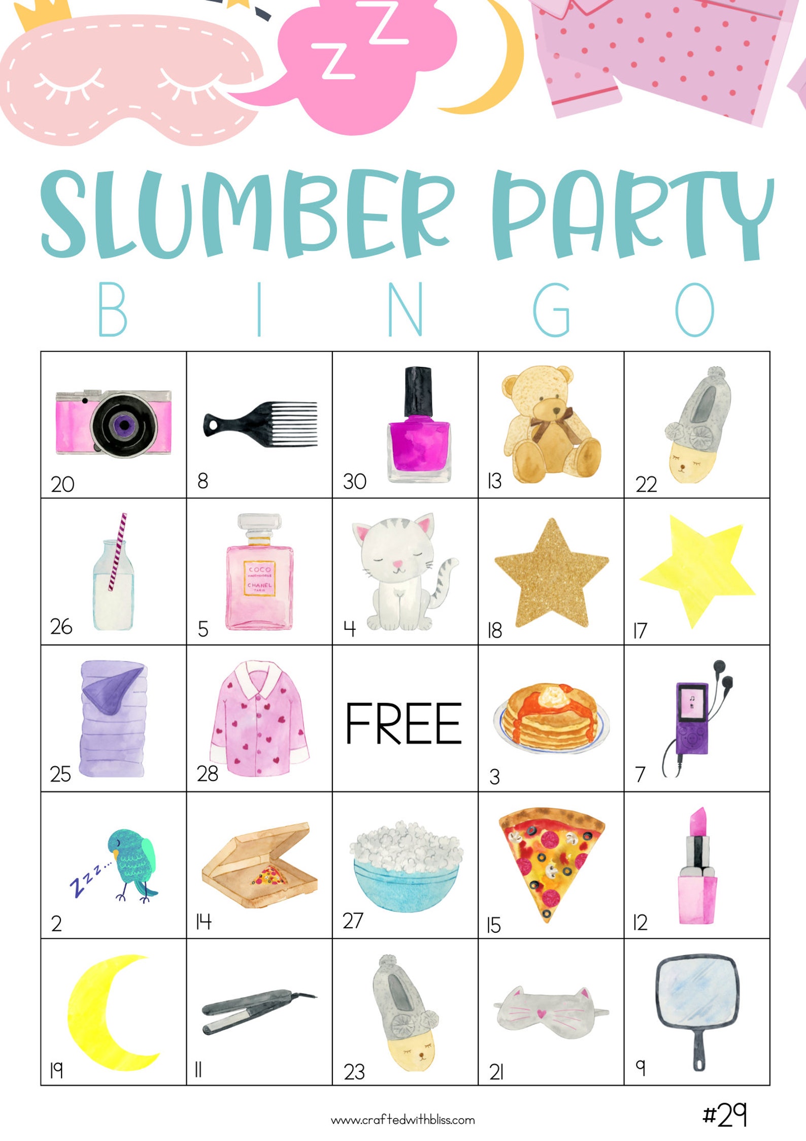 50 Slumber Party Bingo Cards 5x5 Slumber Theme Sleepover Etsy