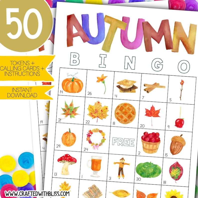 50 Autumn Fall Bingo Cards Classroom Game, Bingo Game, Party Game, Work ...