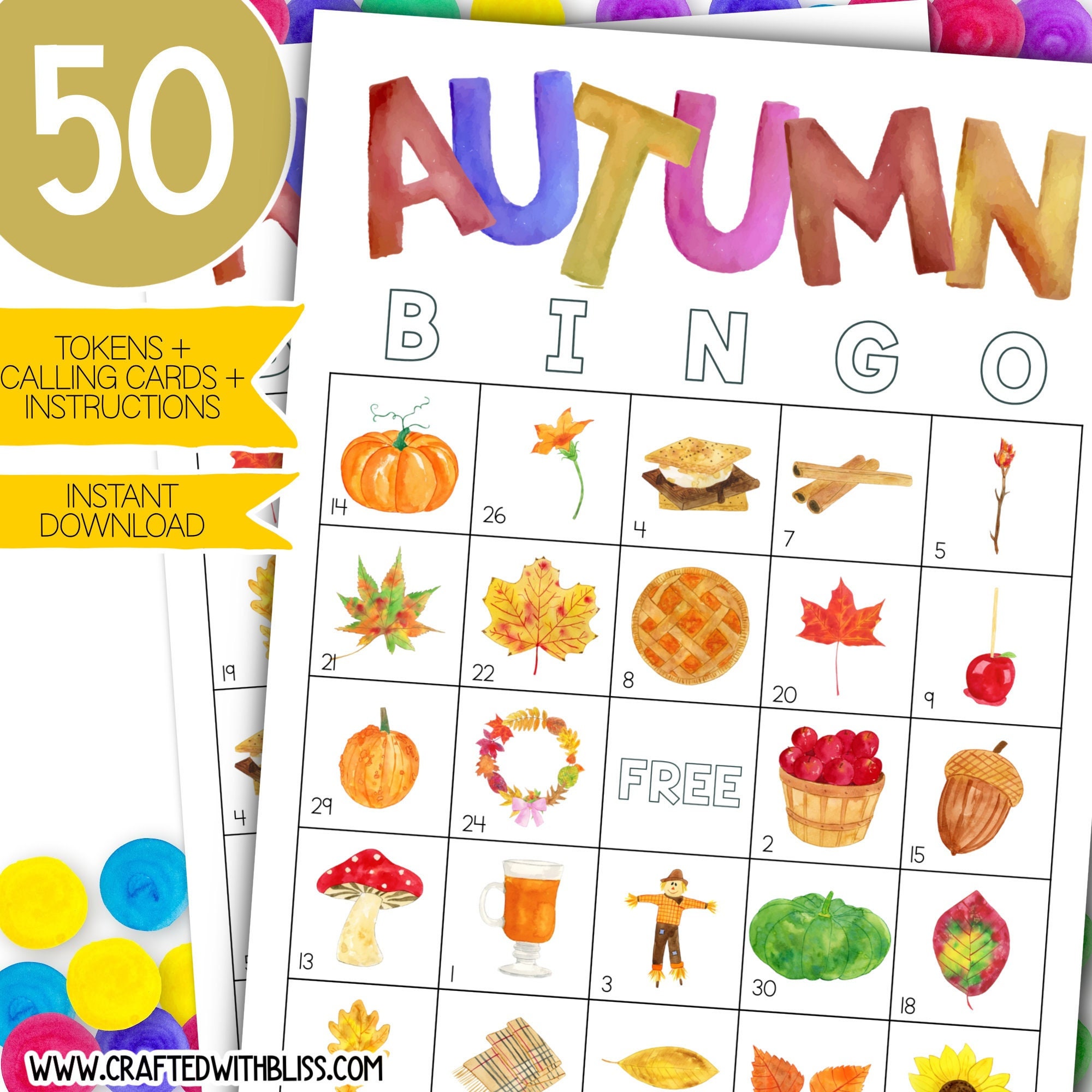 50 Autumn Fall Bingo Cards Classroom Game, Bingo Game, Party Game, Work ...
