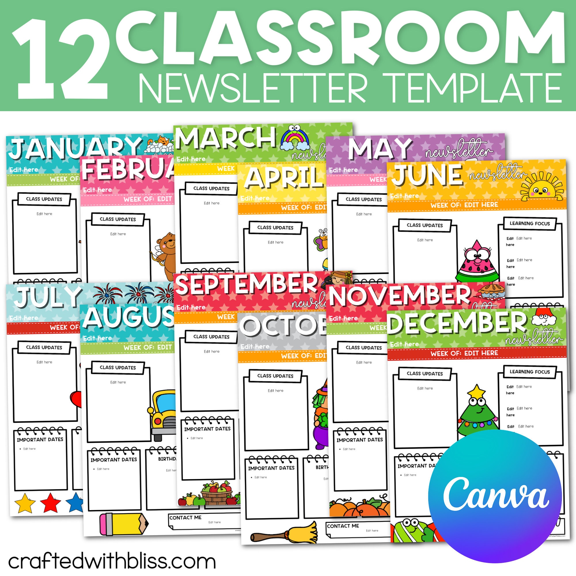 12 Classroom Newsletter Monthly Editable Canva Template - Etsy