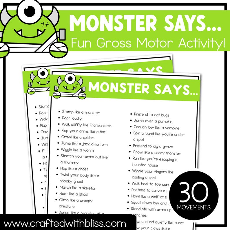 Monster Says | Fun Halloween Movement Cards Ice Breaker Gross Motor ...