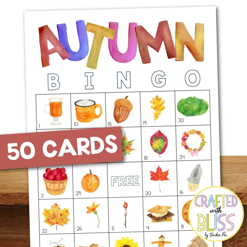 50 Autumn Fall Bingo Cards Classroom Game, Bingo Game, Party Game, Work ...
