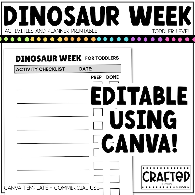 Editable Dinosaur Week Activities and Planner Toddler Canva Template 2 ...