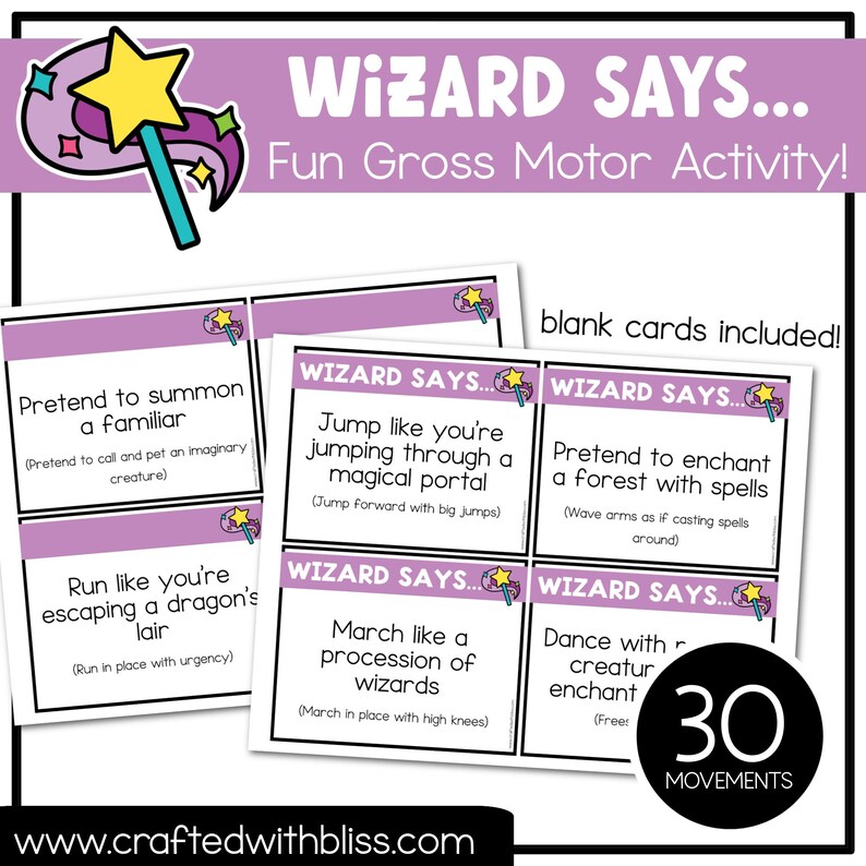 Wizard Says | Fun Magical Movement Cards Ice Breaker Gross Motor Game ...
