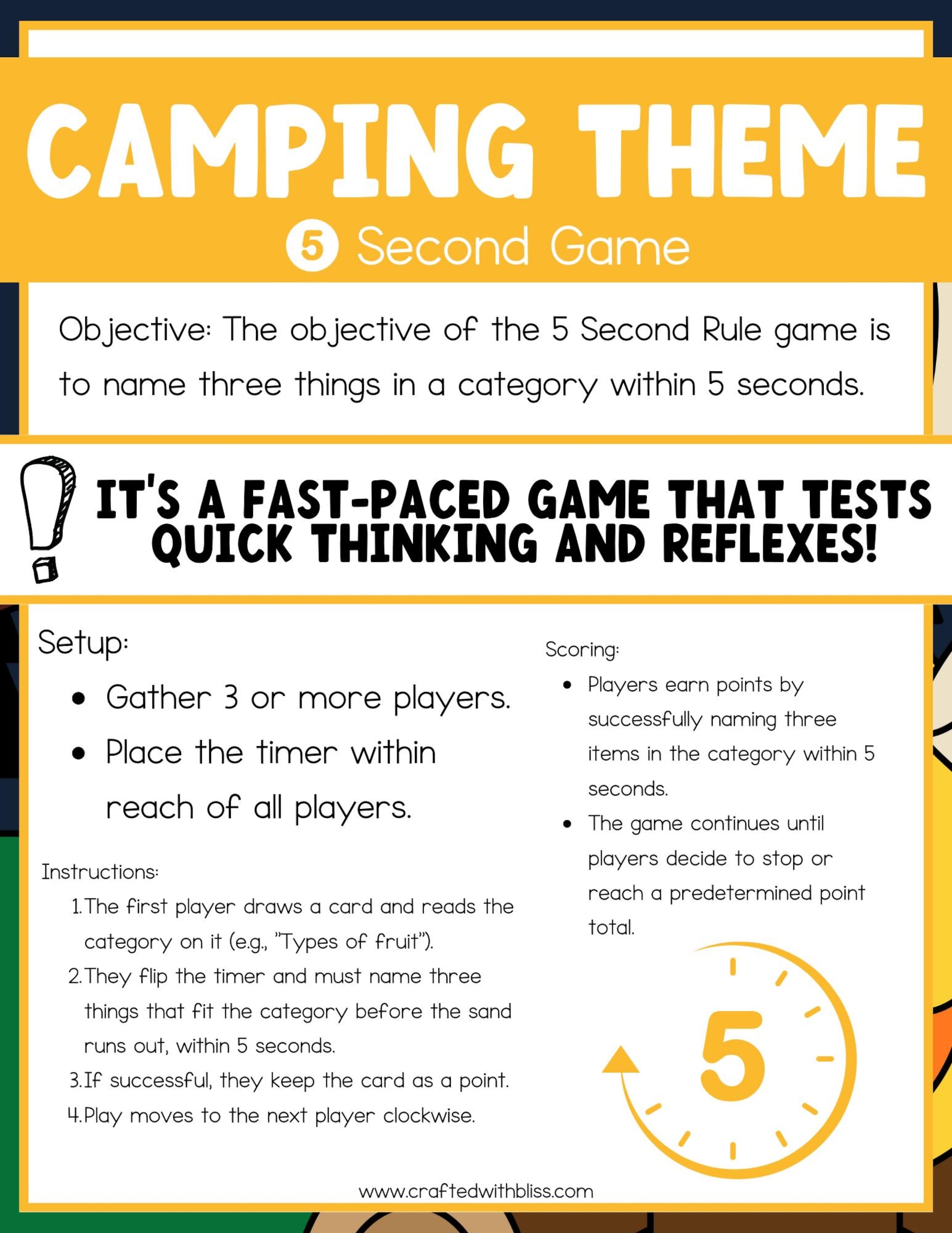 Camping Party Theme 5 Second Game 50 Cards One Happy Camper Fun Friday ...