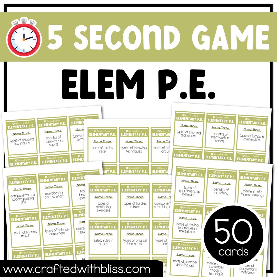 Elementary PE 5 Second Game 50 Cards Fun Friday Ice Breaker Brain Break ...