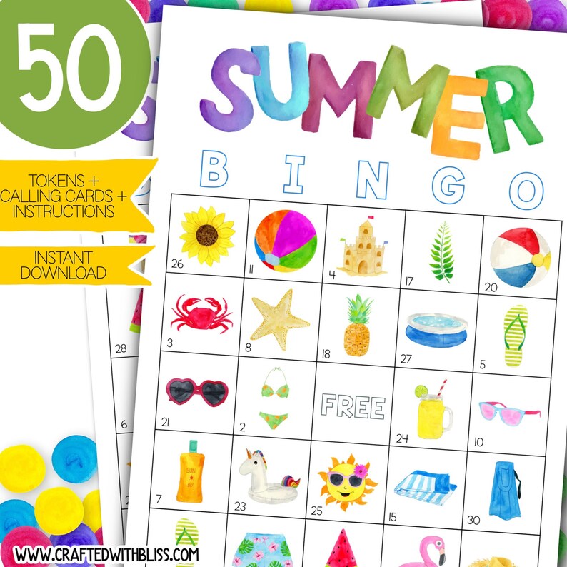 50 Summer Bingo Cards Classroom Game, Bingo Game, Summer Party Game ...