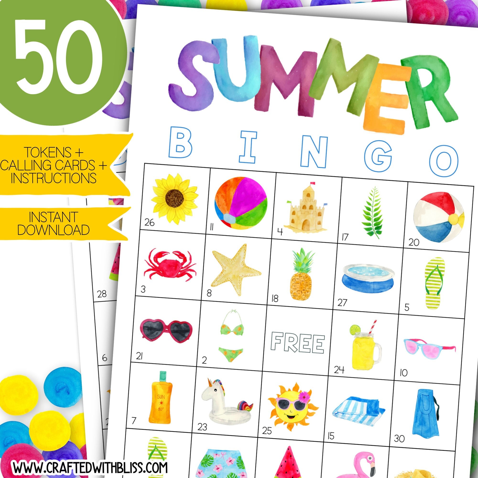 50 Summer Bingo Cards Classroom Game, Bingo Game, Summer Party Game ...