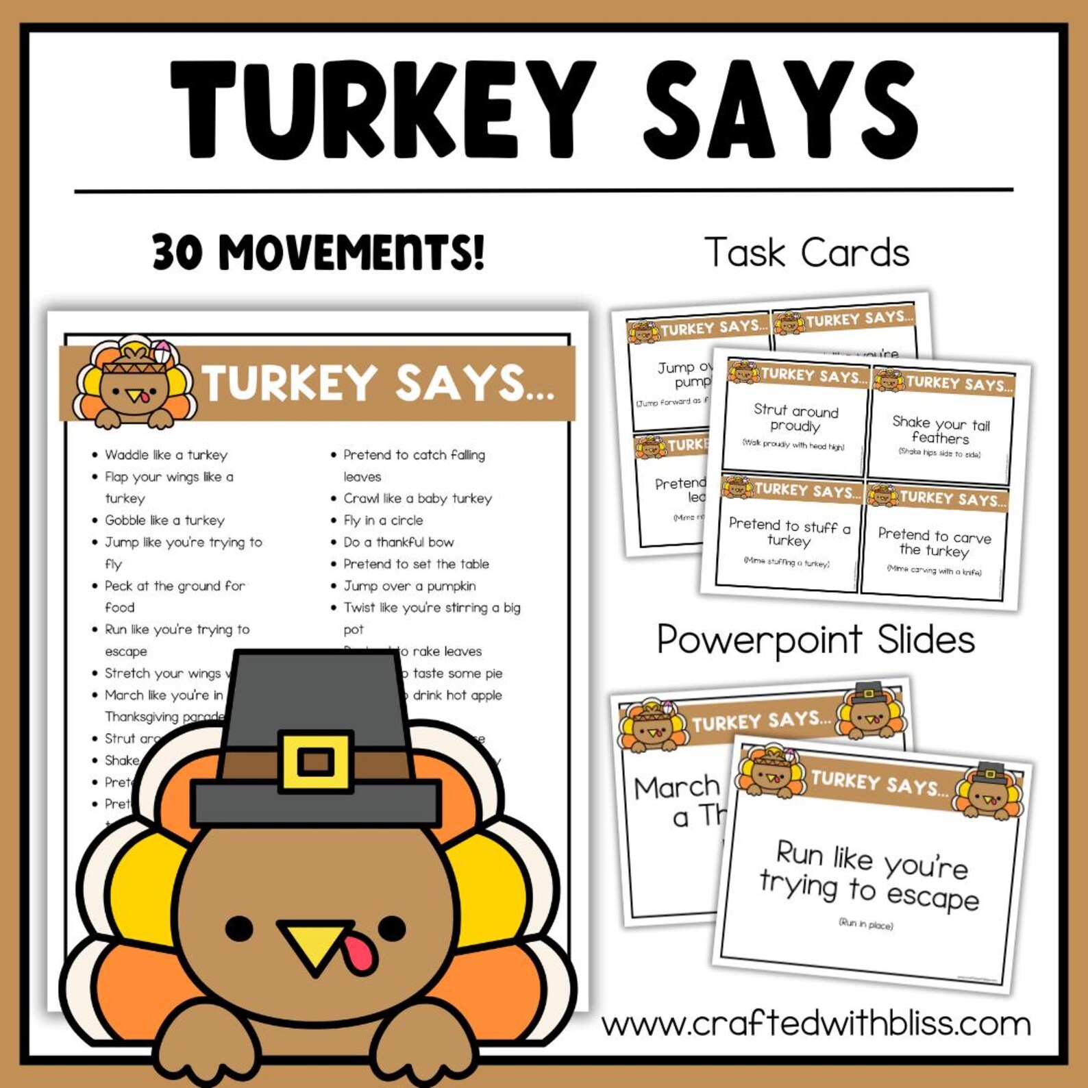 Turkey Says | Fun Thanksgiving Movement Cards Ice Breaker Gross Motor ...
