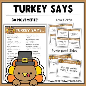 Turkey Says | Fun Thanksgiving Movement Cards Ice Breaker Gross Motor ...