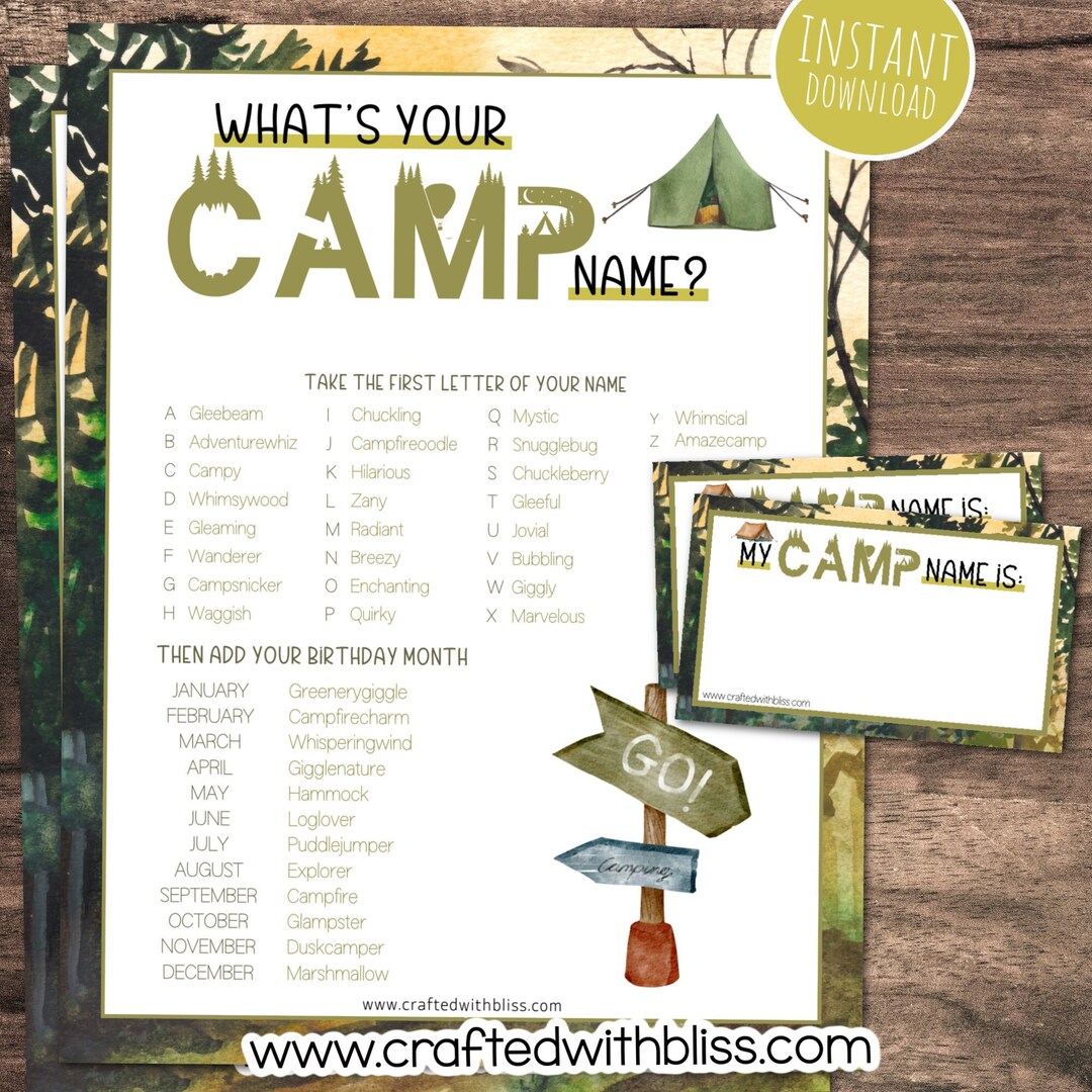 What's Your Camp Name Camping Party Games Camp Name Tag Summer Activity ...