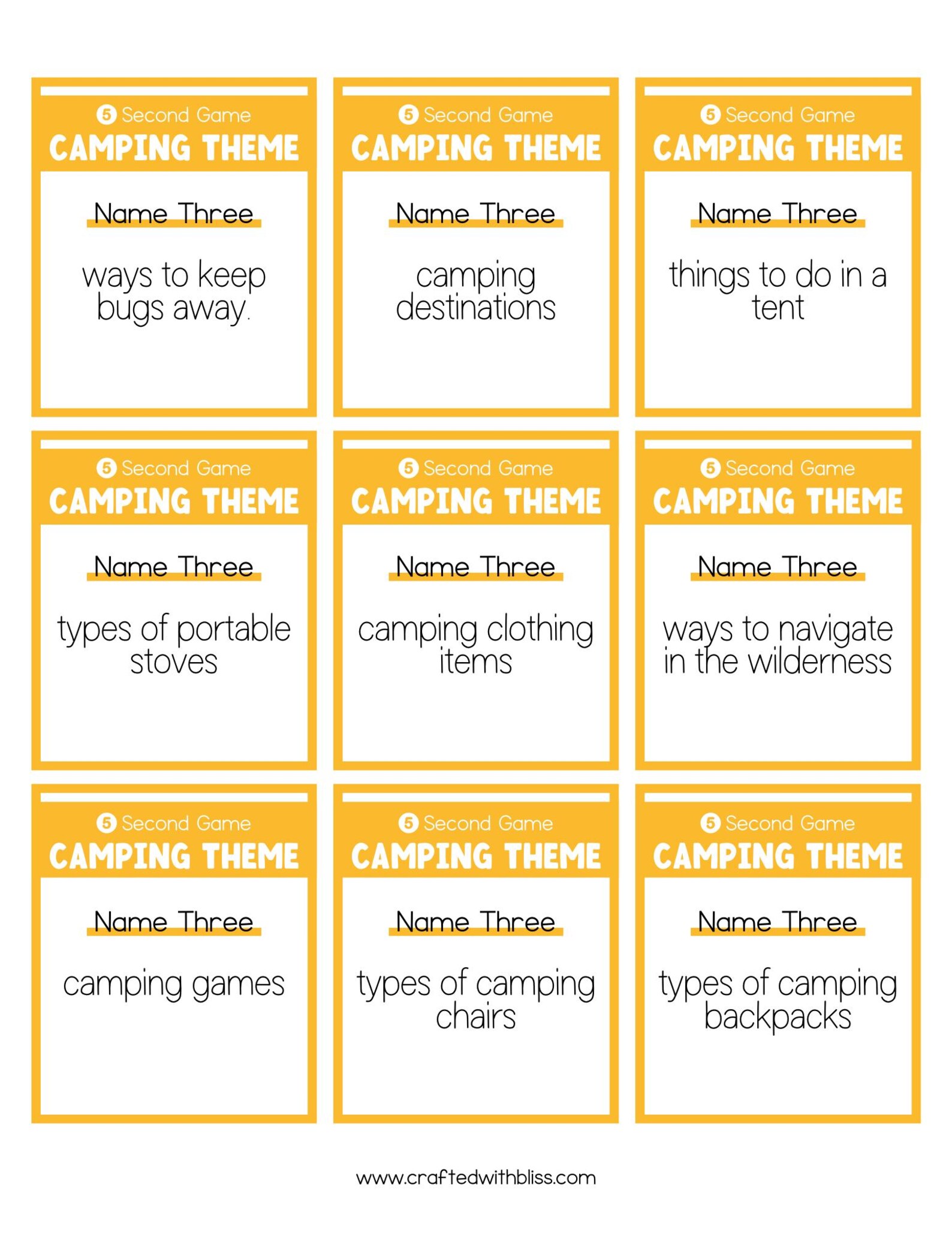 Camping Party Theme 5 Second Game 50 Cards One Happy Camper Fun Friday ...