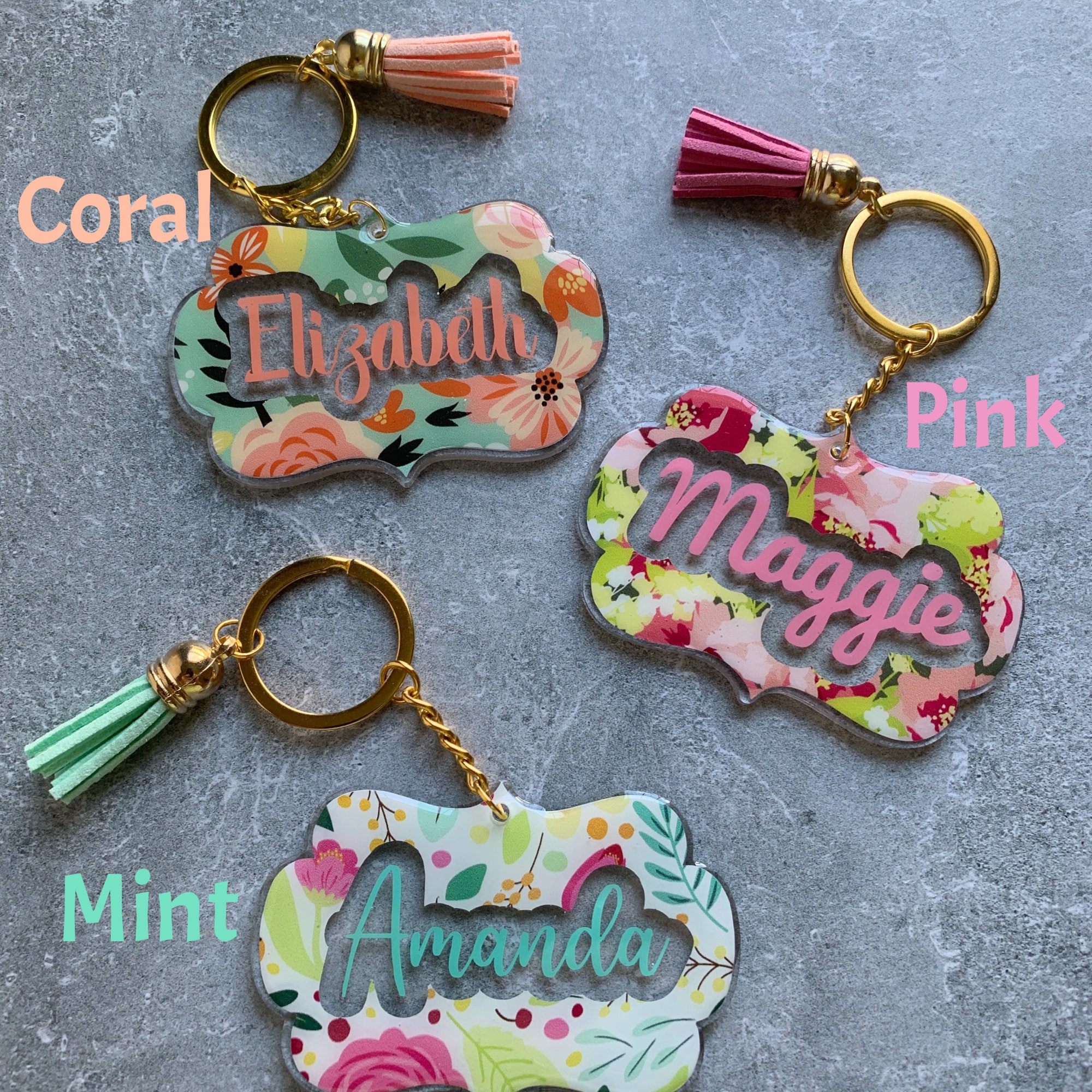 Custom Name Keychain Floral Print Keychain Custom Keychain | Etsy