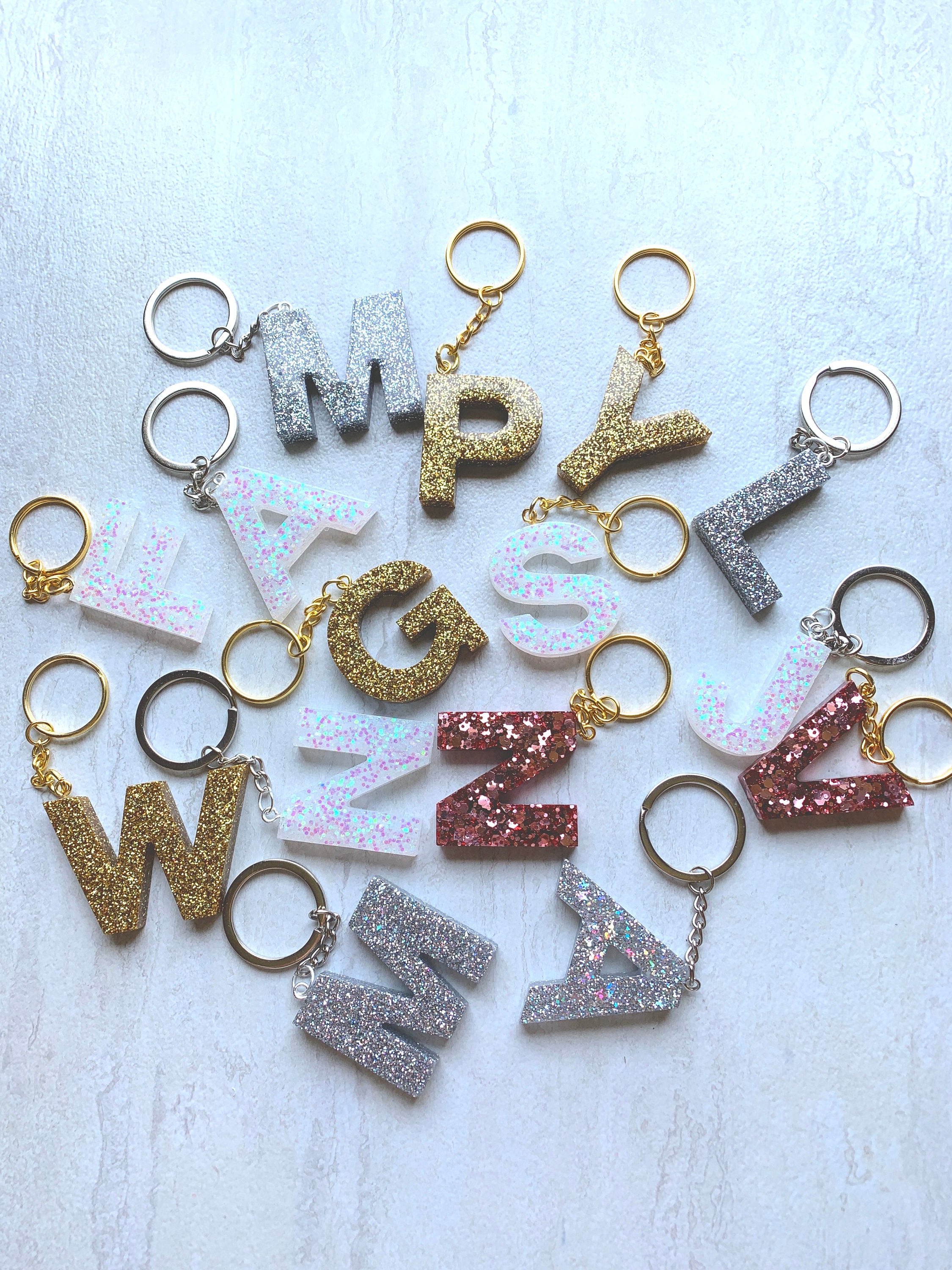 Letter Keychain Initial Keychain Glitter Keychain Silver | Etsy