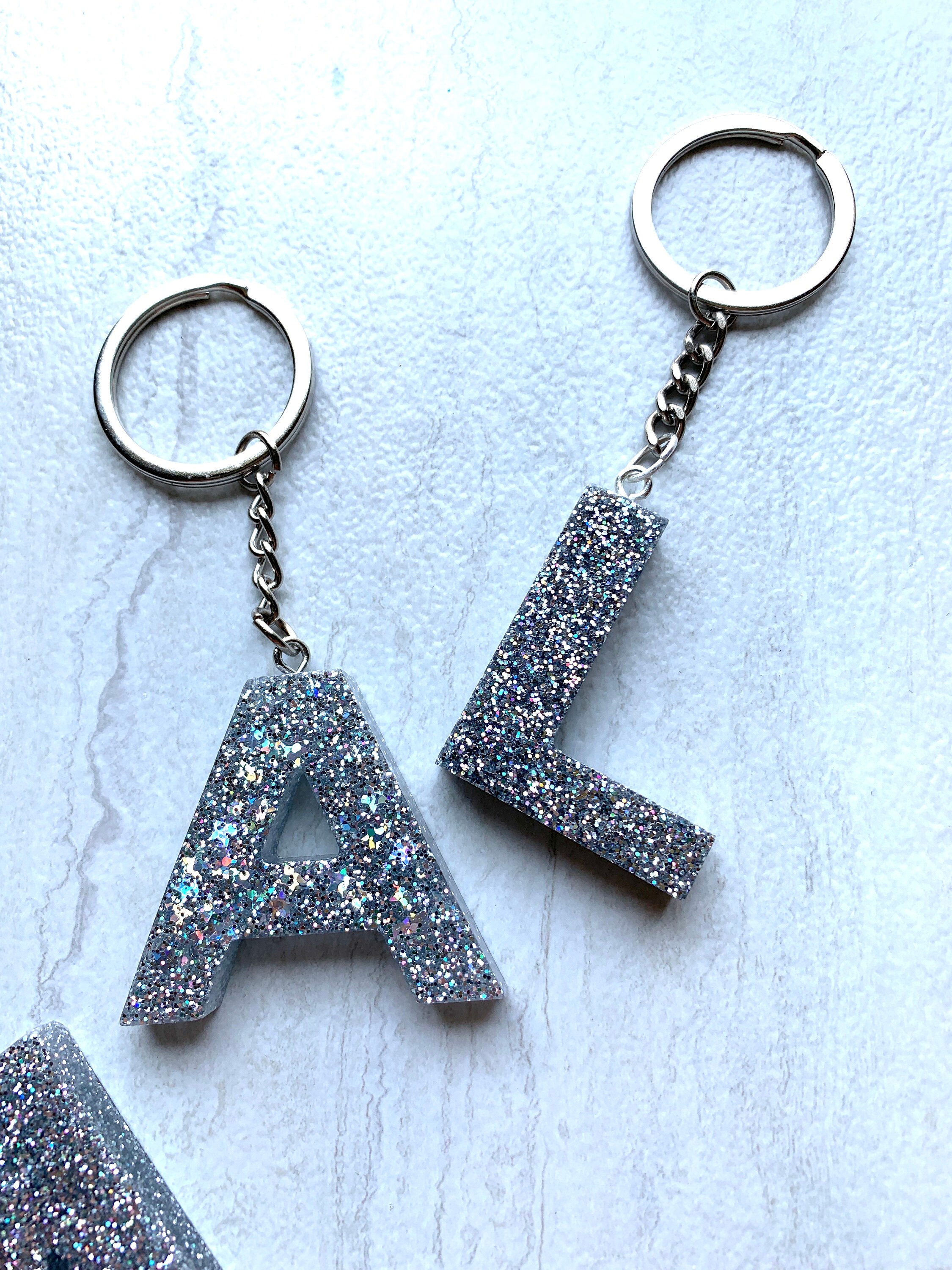 Letter Keychain Initial Keychain Glitter Keychain Silver | Etsy