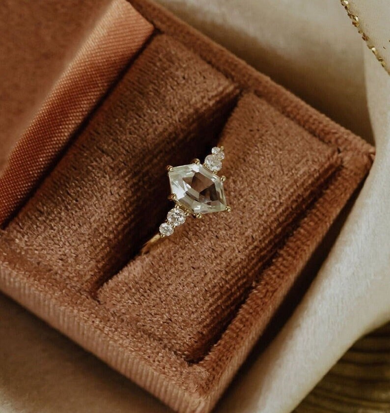 Hexagon Cut Engagement Ring, Five Stone Moissanite Wedding Ring ...