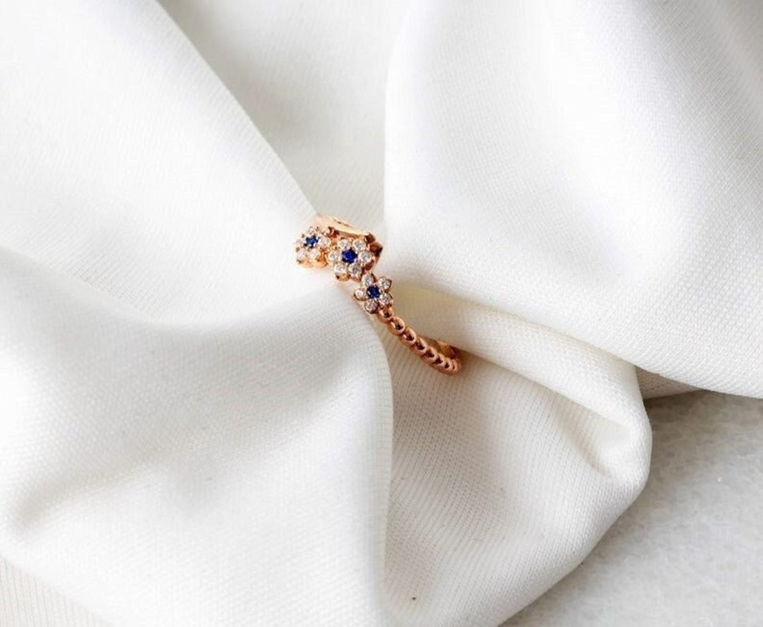 Blue Sapphire Ring, Three Flower Style Ring, Minimalist Ring, Dainty ...