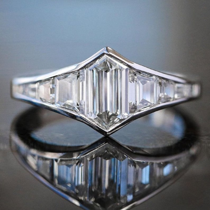 Elongated Hexagon Shape Diamond Engagement Ring, Solid 14K Gold ...