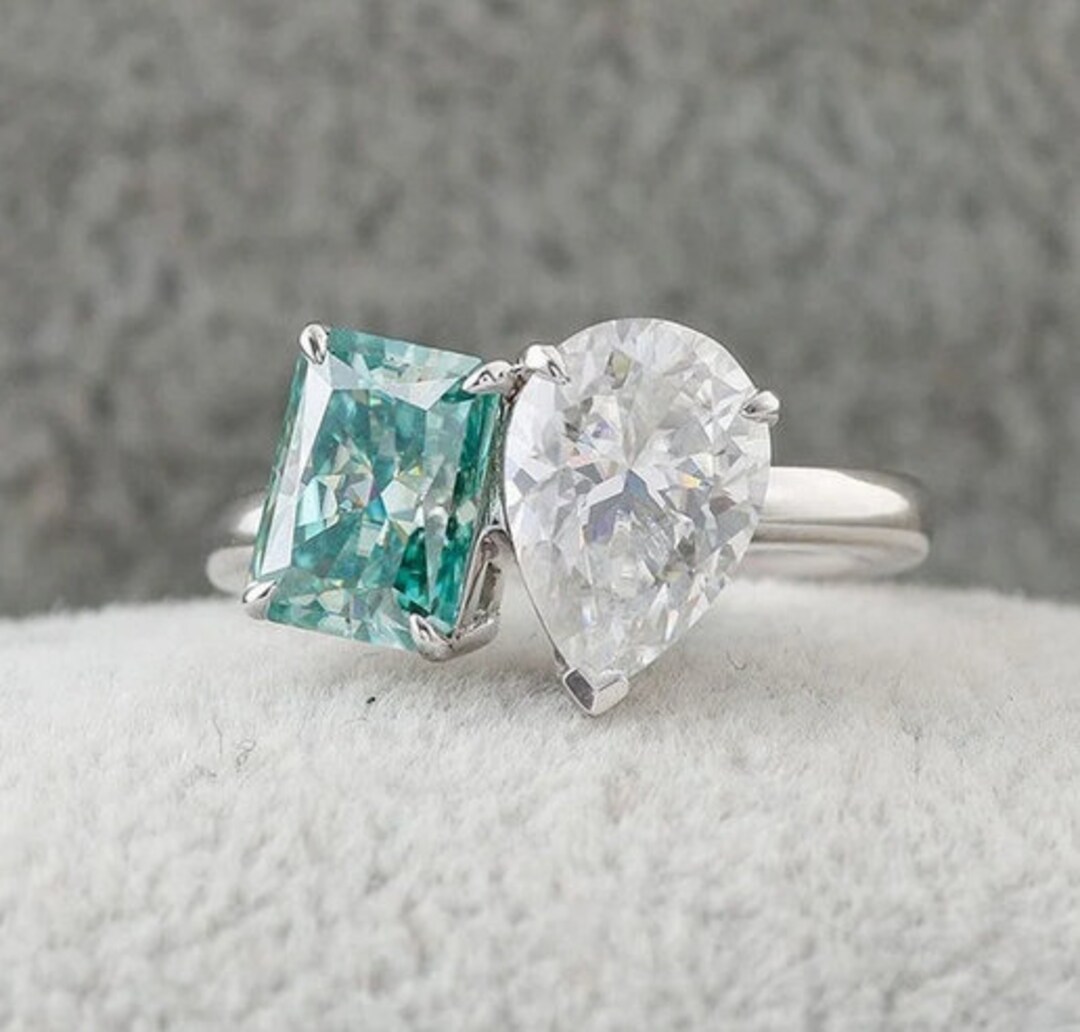 Toi Et Moi Ring, Aquamarine Radiant & White Pear Moissanite Engagement ...