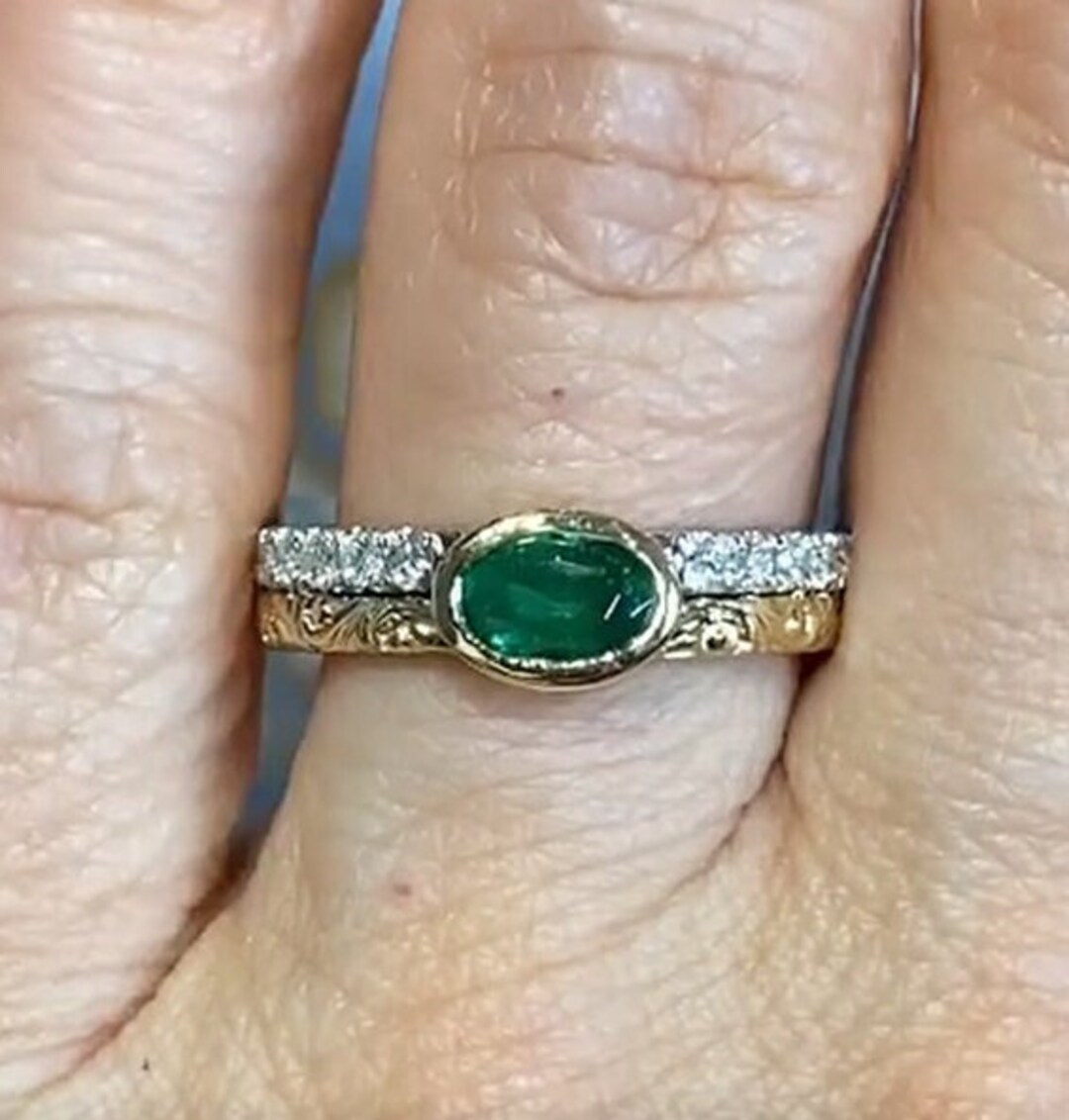 Emerald Ring, Filigree Bezel Set Engagement Ring, Oval & Round Cut ...