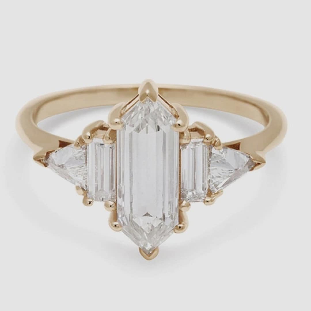 Elongated Hexagon Shape Engagement Ring, Solid 14K Yellow Gold ...