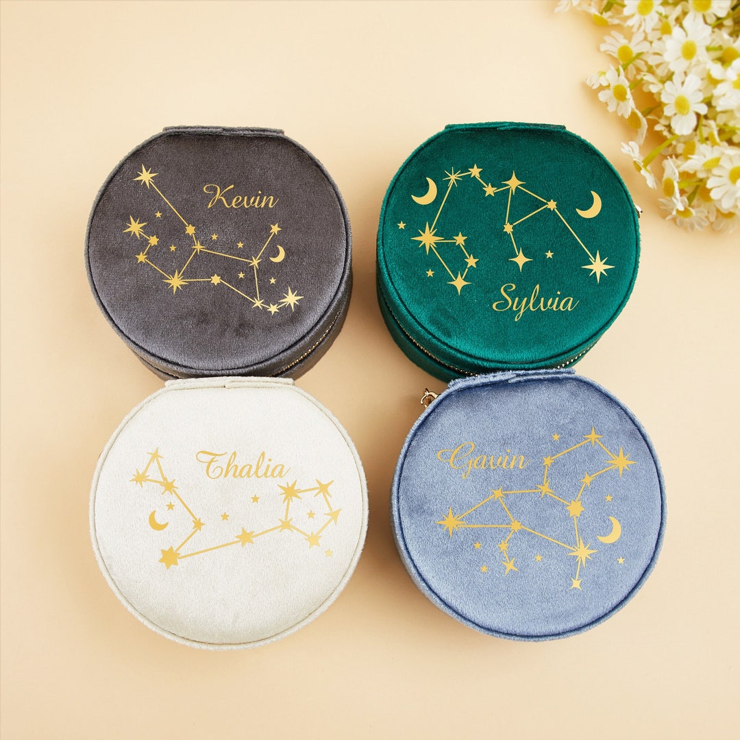 Zodiac Sign Round Velvet Jewellery Box,star Sign Name Jewellery Case ...