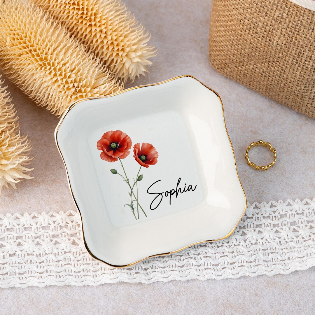 Personalised Birth Flower Trinket Dish,watercolor Flower Ring Dish ...