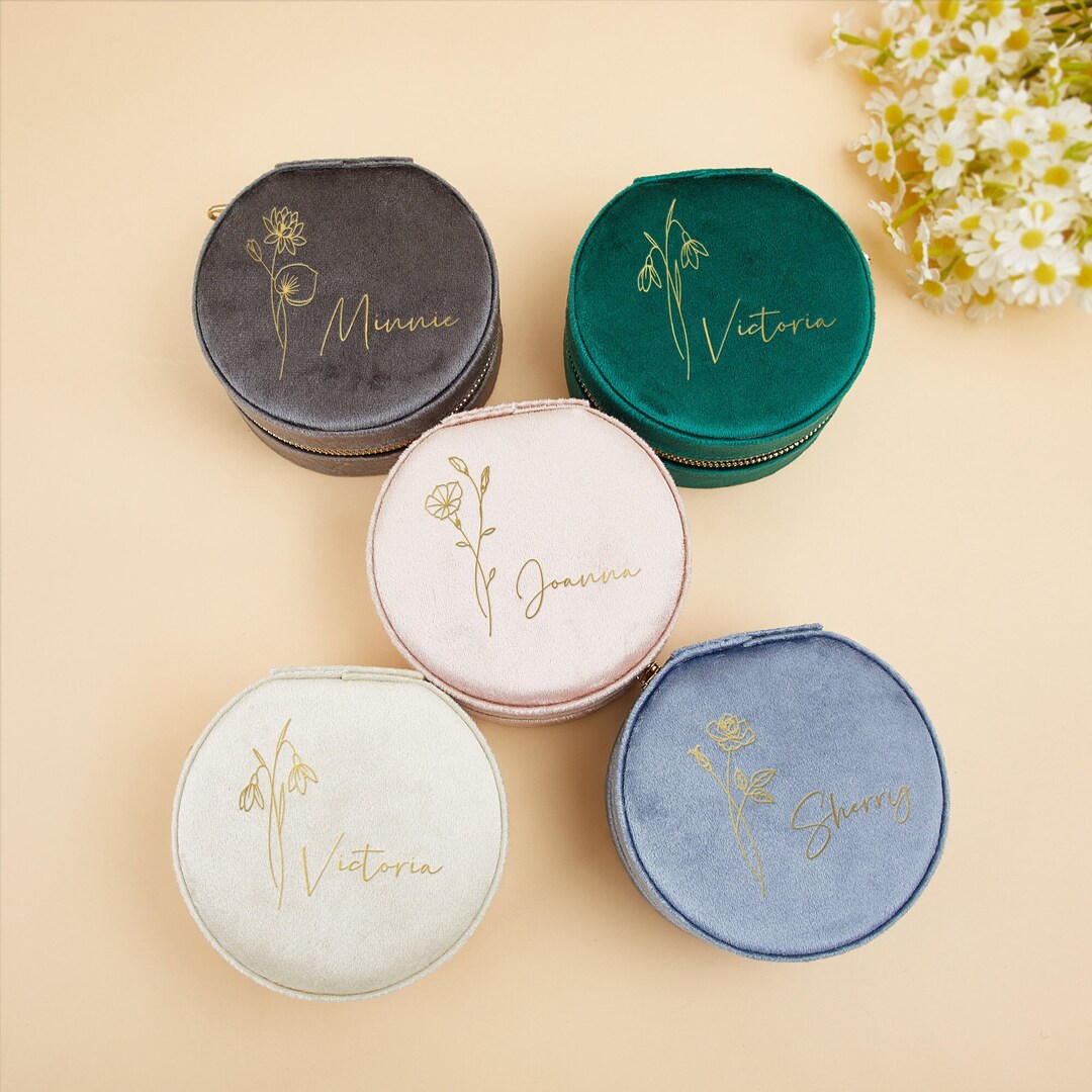 Personalised Round Velvet Jewellery Box, Birth Flower Velvet Jewelry ...