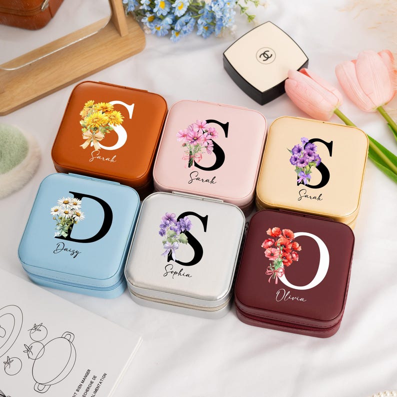 Personalised Initial Jewelry Box With Name, Custom Birth Flower Travel ...
