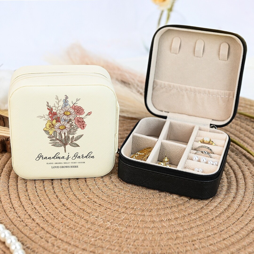 Personalised Birth Flower Jewellery Box,pu Leather Jewellery Travel ...