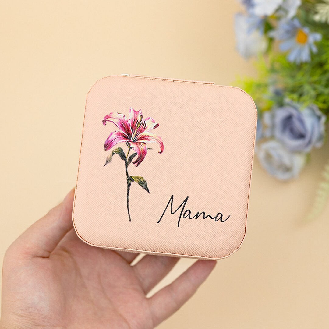 Custom Birth Flower Jewellery Box, Leather Jewelry Travel Box, Floral ...