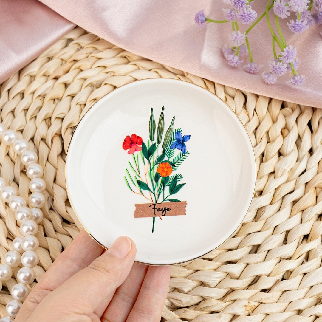 Custom Name Ring Dish, Birthday Gift for Her, Bridesmaid Gift, Floral ...