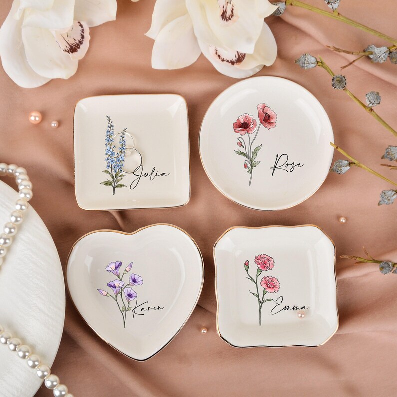 Personalised Birth Flower Jewelry Dish, Custom Name Trinket Tray ...