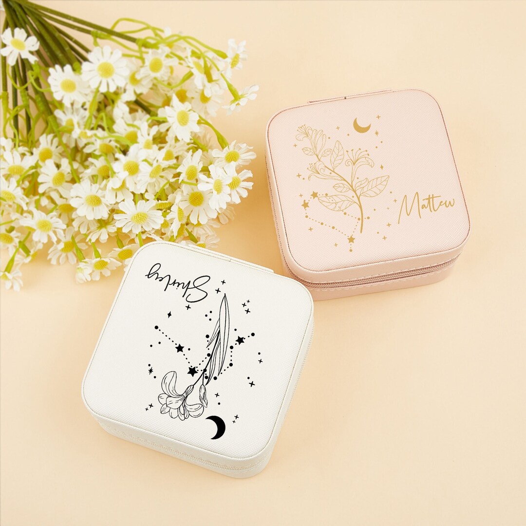Customised Birth Flower Zodiac Sign Jewelry Box,travel Jewellery Case ...