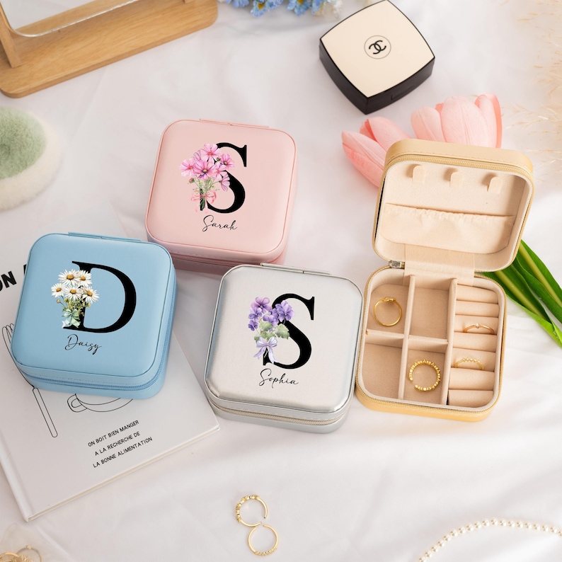 Personalised Initial Jewelry Box With Name, Custom Birth Flower Travel ...