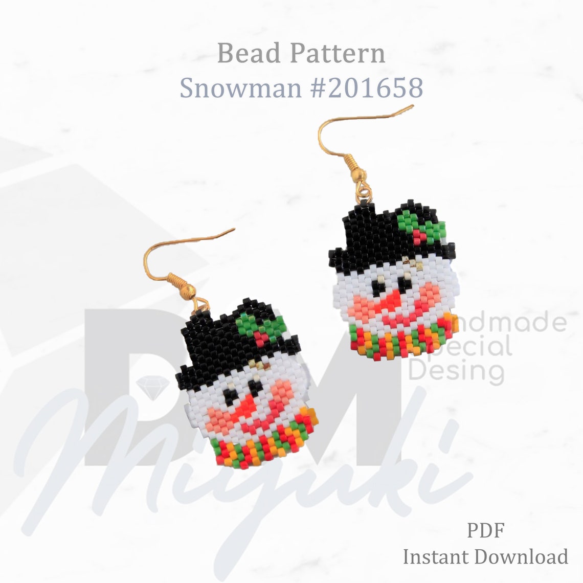 Snowman Beading Pattern, DM Miyuki Design, Snowman Bead Design, Brooch ...