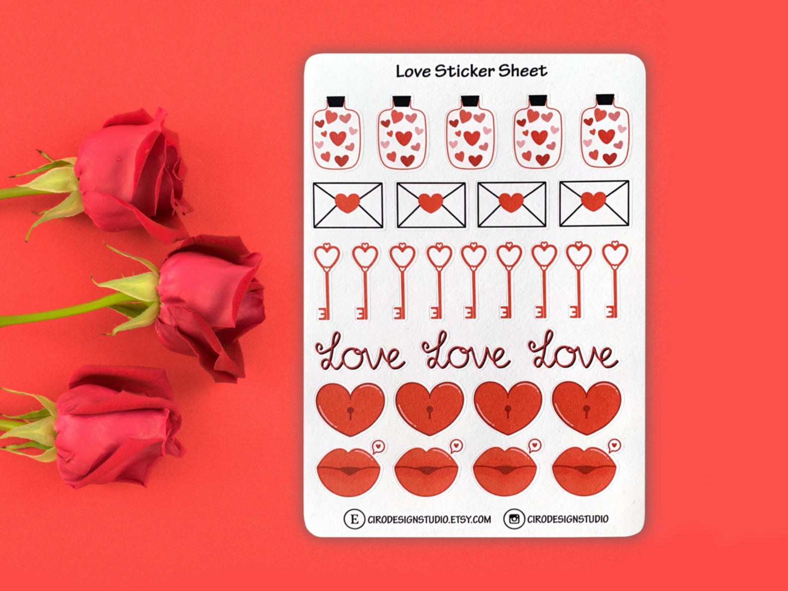 Love Sticker Sheet - Love, Heart, Kiss, Key, Jar of Hearts, Love Letter ...