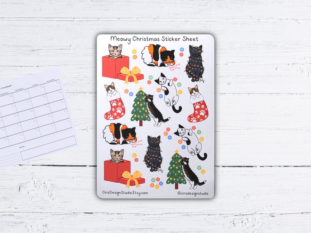 Meowy Christmas Sticker Sheet - Cat Christmas Stickers - Tuxedo Cat ...