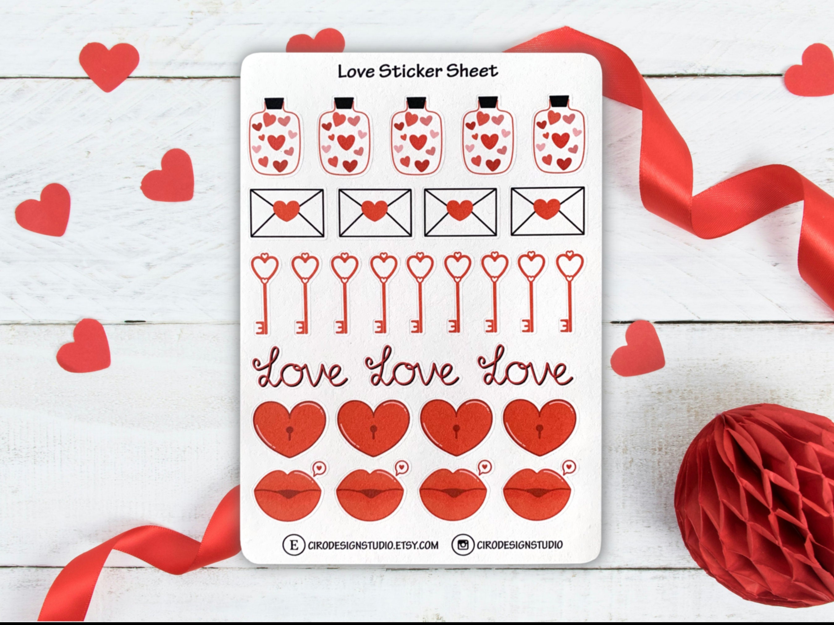 Love Sticker Sheet - Love, Heart, Kiss, Key, Jar of Hearts, Love Letter ...