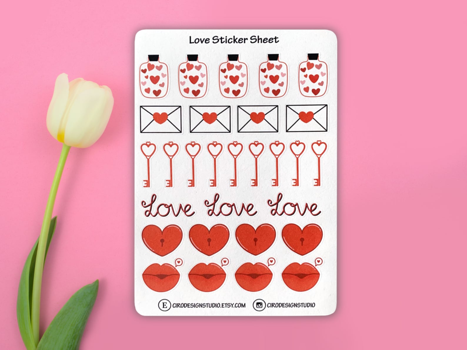 Love Sticker Sheet - Love, Heart, Kiss, Key, Jar of Hearts, Love Letter ...