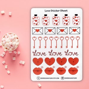Love Sticker Sheet - Love, Heart, Kiss, Key, Jar of Hearts, Love Letter ...