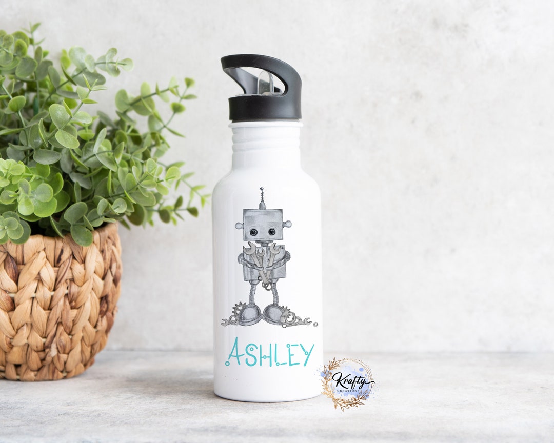 Personalised Robot Bottle Steel Metal Water Bottle Back to School Robot ...