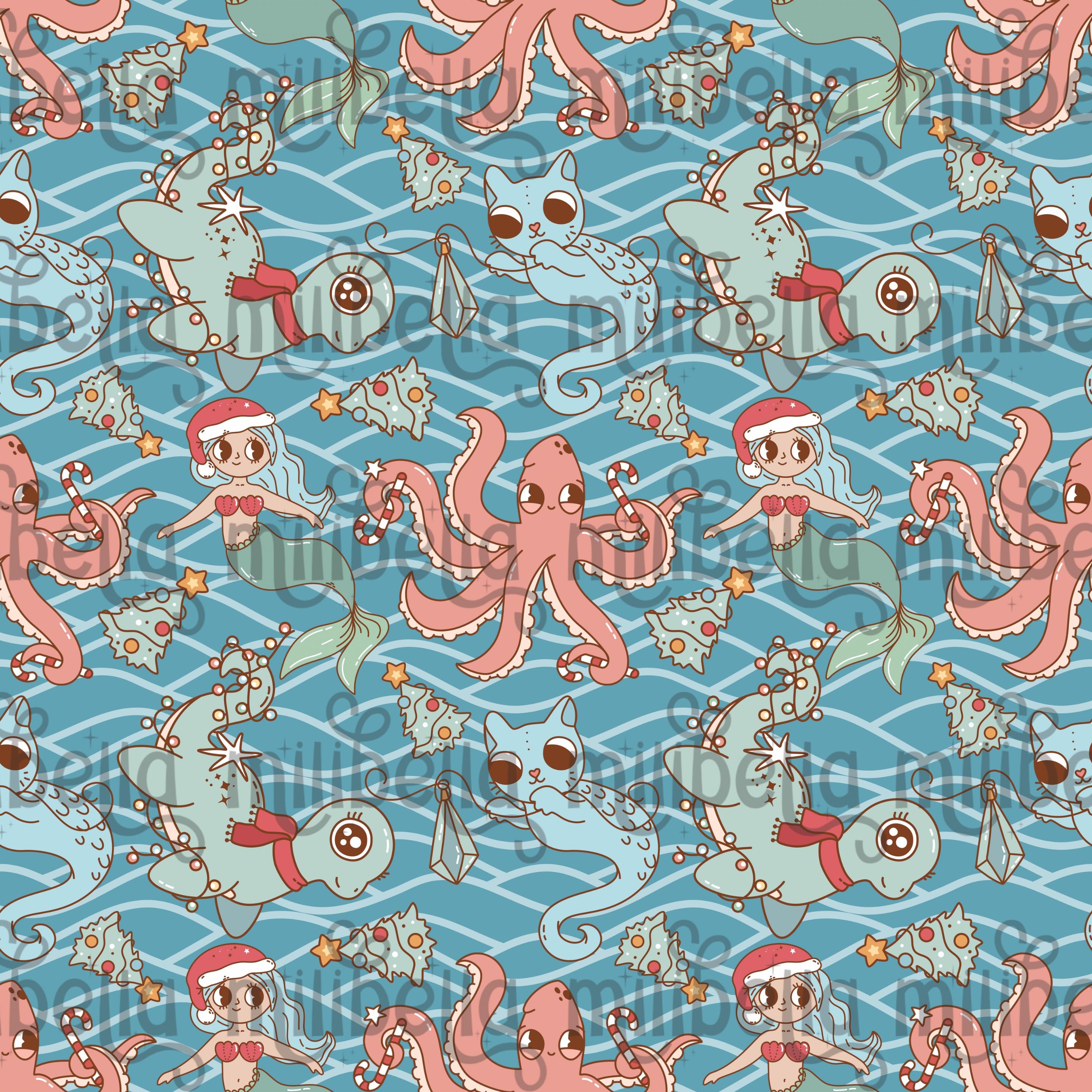 Sea Creatures Cryptid Christmas, Ocean, Mermaid, Groovy, Seamless ...