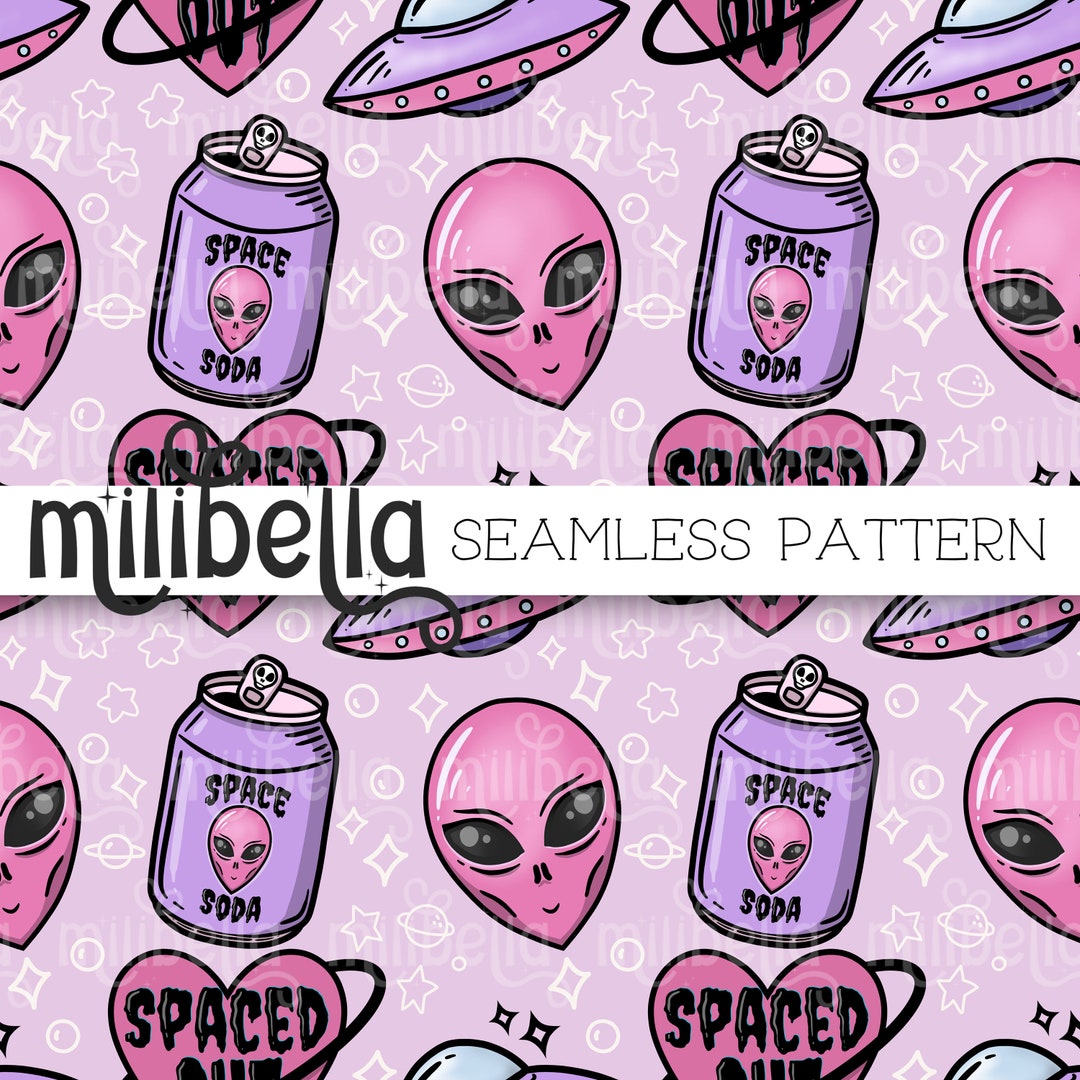 Alien Seamless Pattern, Space Out, UFO, Stars, Planets, Pink, Seamless ...