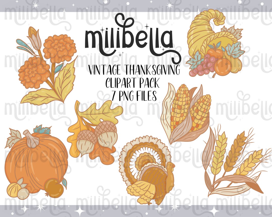 Vintage Thanksgiving Clip Art Set, Turkey, Wheat, Corn, Pumpkin, Fall ...